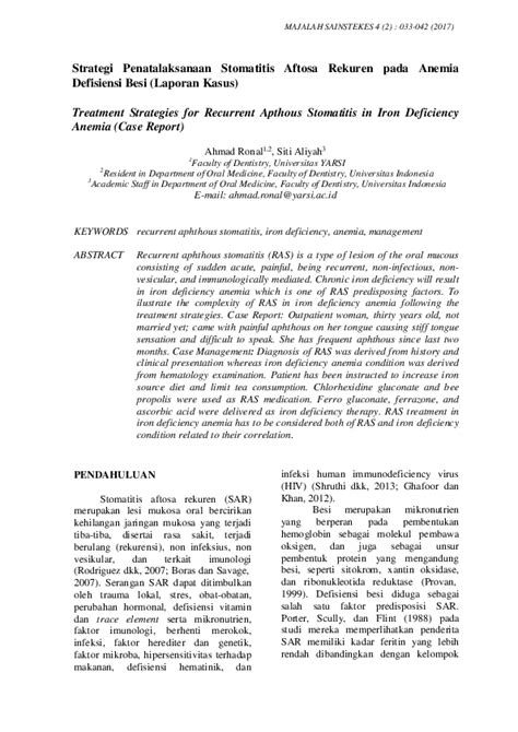 Pdf Strategi Penatalaksanaan Stomatitis Aftosa Rekuren Pada Anemia