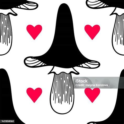 분홍색 코어가있는 기괴한 버섯 플라이 아가릭으로 원활한 그리기 마법의 벽지 가을에 대한 스톡 벡터 아트 및 기타 이미지 가을
