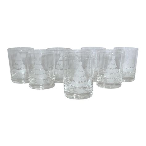 Vintage Decorated Holiday Tree Glasses Frosted And Etched Set Of 8