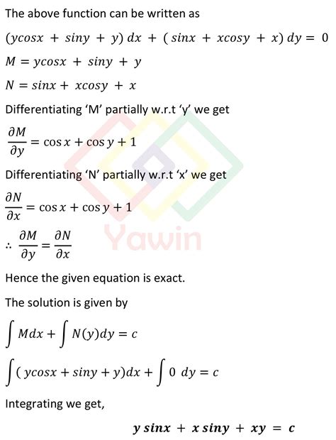 Solve Dydxy Cosx Siny Ysinx Xcosy X0 Yawin