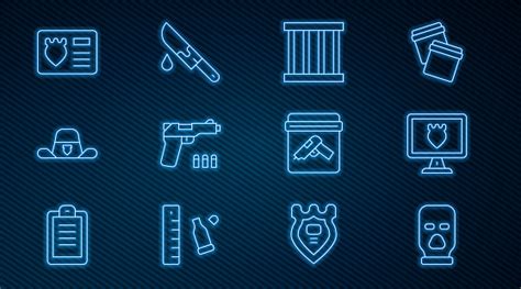 세트 라인 발라 클라 바 경찰 데이터베이스 감옥 창 권총 또는 총 배지와 보안관 모자 Id 케이스 증거 가방과 피 묻은 칼 아이콘 벡터 개척시대의 서부에 대한 스톡 벡터