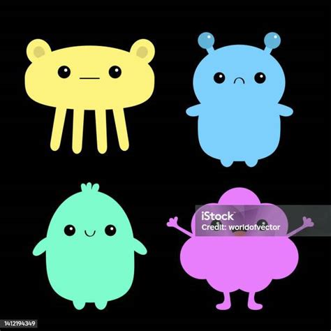 몬스터 아이콘 세트 즐거운 할로윈 보내세요 카와이 귀여운 만화 아기 캐릭터 재미있는 얼굴 머리 몸 손을 위로 뿔 눈은 이빨 혀를