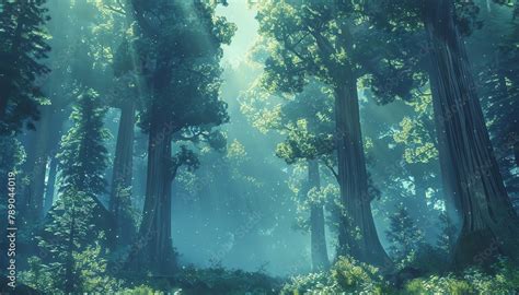 sequoia giant sequoias with a misty light blue background water color