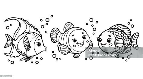 거품이 있는 귀여운 만화 물고기 트리오 흑인과 백인 윤곽선 벡터 일러스트 레이 션 어린이 색칠 공부 페이지 책 색칠하기에 대한