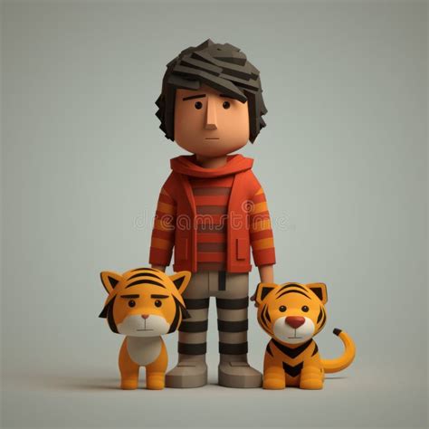 минималистская 3d модель милого мальчика с тиграми Иллюстрация штока