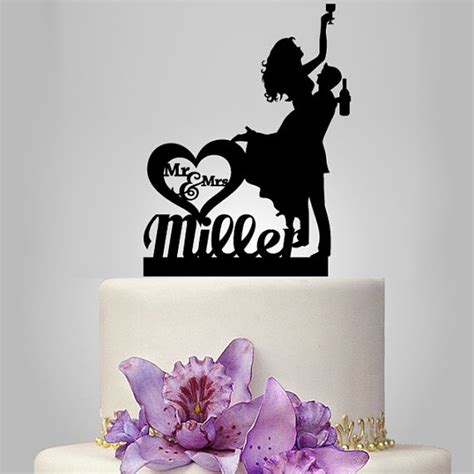 Funny Wedding Cake Topper Silhouette Monogram Cake Topper Mrandmrs Cake Topper Groom And Drunk