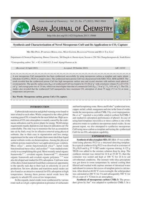 Pdf Synthesis And Characterization Of Novel Mesoporous Cuo And Its