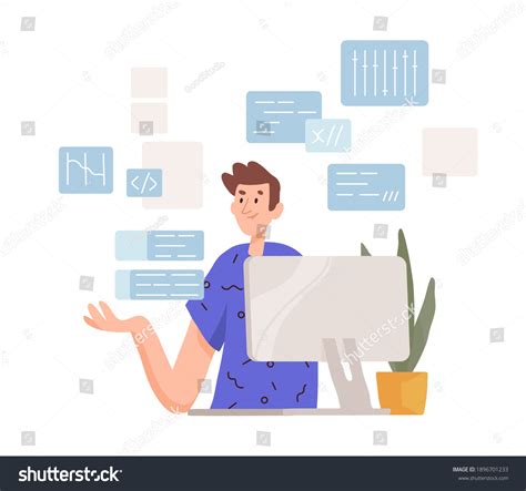Thoughtful Man Working Computer Programmer Coding Stock Vector Royalty