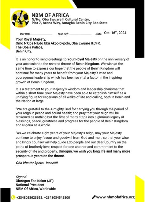 Nbm Of Africa Congratulates His Royal Majesty The Oba Of Benin On His