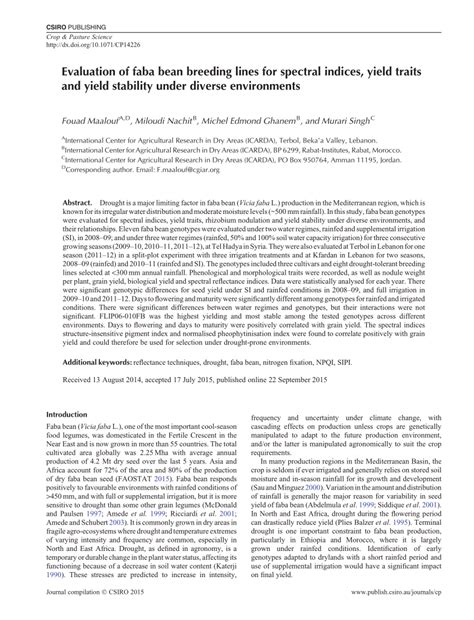 Pdf Evaluation Of Faba Bean Breeding Lines For Spectral Indices