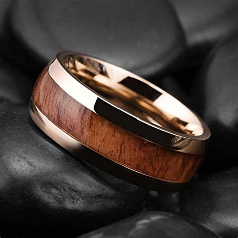 8mm Domed Rose Gold Titanium Wedding Band Koa Wood Inlay