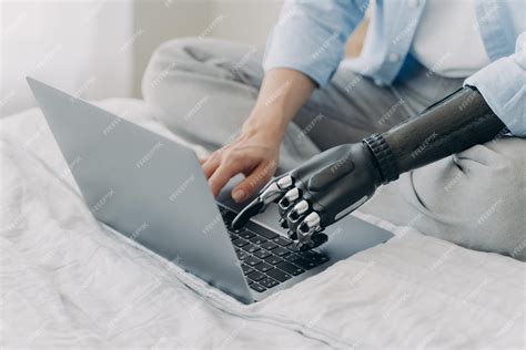 Premium Photo Close Up Of Disabled Woman Working On Laptop Typing On