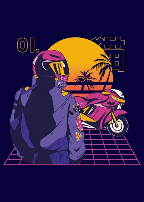 Synthwave Motorcyclist Poster Picture Metal Print Paint By Fateh