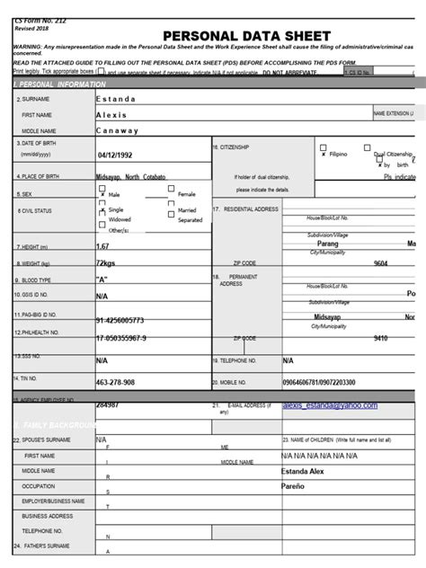 Personal Data Sheet Cs Form No 212 Revised 2018 Pdf Government