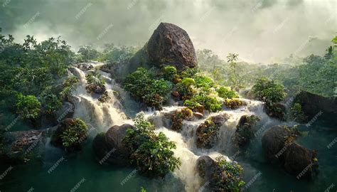 Ilustración Ráster De La Cascada De La Jungla Piedras De La Selva