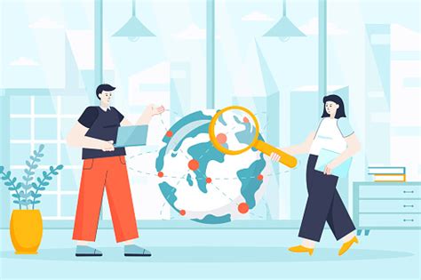 플랫 디자인의 회사 개념을 아웃소싱합니다 사무실 현장에서 원격 작업자 직원들은 국제 기업 온라인 비즈니스 프로세스에서 일합니다