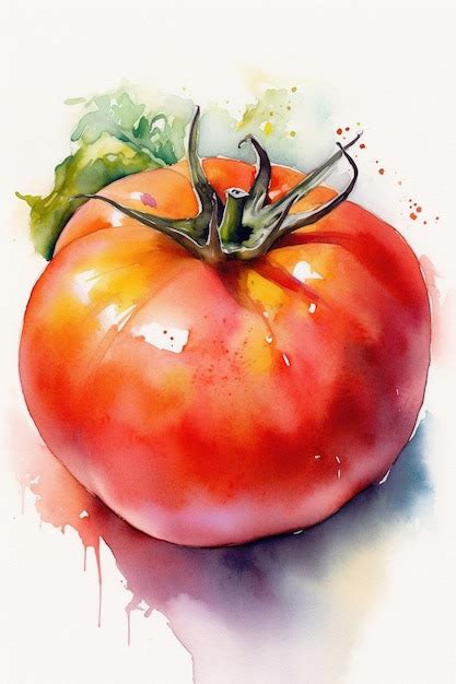 잎이 무성한 녹색 잎을 가진 토마토의 수채화 그림 프리미엄 사진