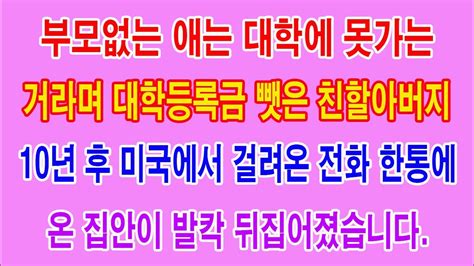 사이다 사연 부모없는 애는 대학에 못가는 거라며 대학등록금 뺏은 친할아버지 10년 후 미국에서 걸려온 전화 한통에 온 집안이