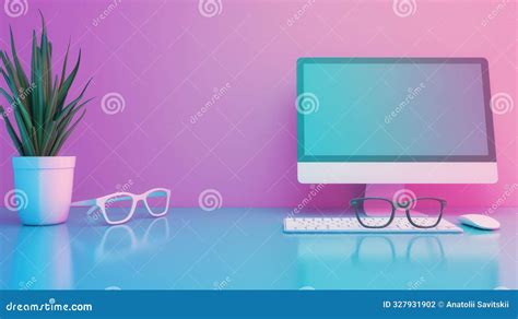 A Clean And Minimalist Desktop Setup With A Computer Keyboard Mouse Plant And Glasses In