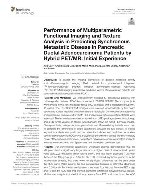 pdf performance of multiparametric functional imaging and texture analysis in predicting