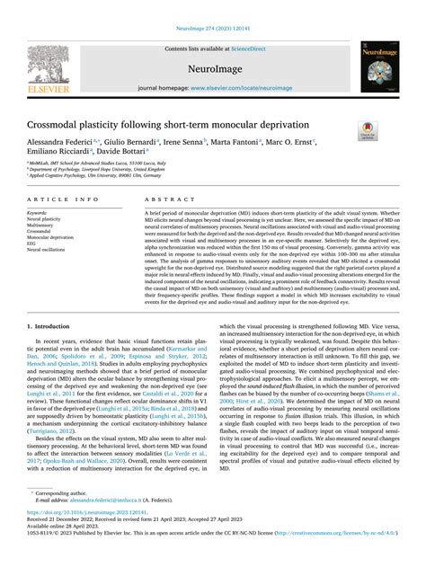 Pdf Crossmodal Plasticity Following Short Term Monocular Deprivation