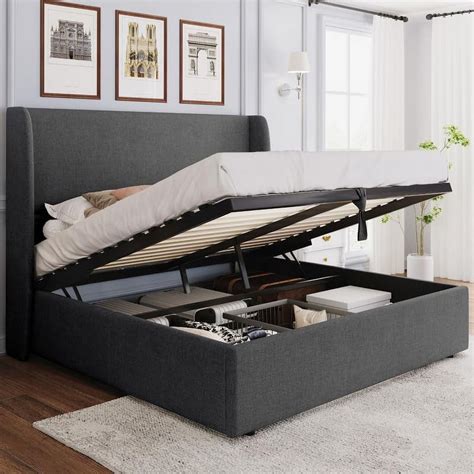 Vanacc Queen Lift Up Storage Bed Fabric Tufted Upholstered Wingback Bed