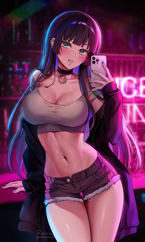 rule 34 1girls aqua eyes belly button piercing black hair blue nails blush bocchi the rock