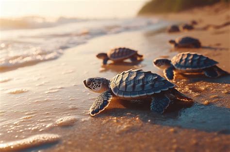 Baby Sea Turtles Heading Toward The Ocean Stock Illustration