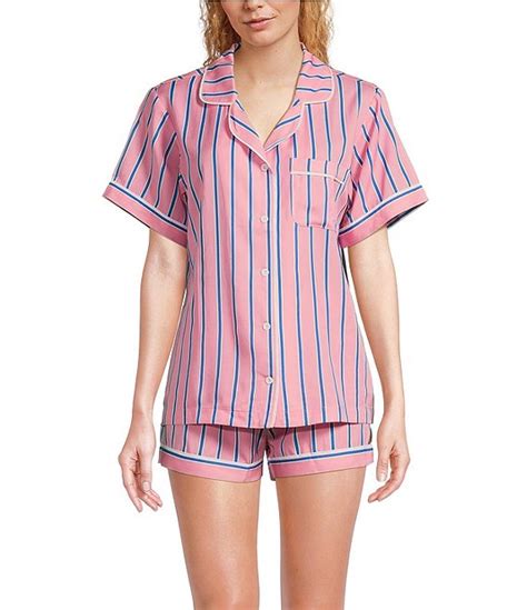 Katie Kime Woven Retro Stripe Print Short Sleeve Notch Collar Shorty