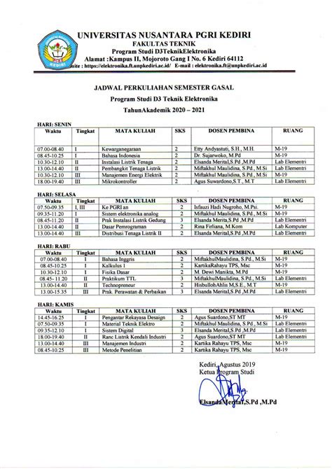 Jadwal Perkuliahan Semester Gasal Tahun Akademik 2020 2021 Elektronika