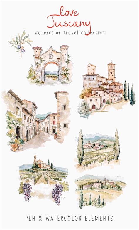 Watercolor Tuscany Clipart Italian Watercolor Travel Clipart