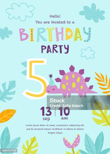 귀여운 공룡과 함께 아이들의 생일 초대장 공룡과 식물이 있는 어린이 생일 파티 배너 공룡에 대한 스톡 벡터 아트 및 기타 이미지