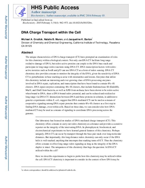 Pdf Dna Charge Transport Within The Cell Jacqueline Barton