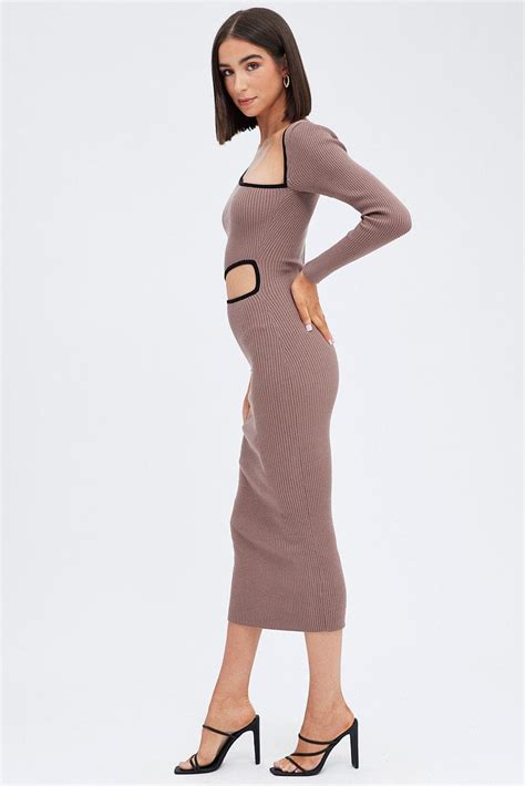 Brown Knit Dress Midi Long Sleeve Cut Out Ally Fashion