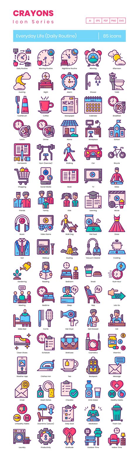 85 Everyday Life Daily Routine Icon Set Flat Icons