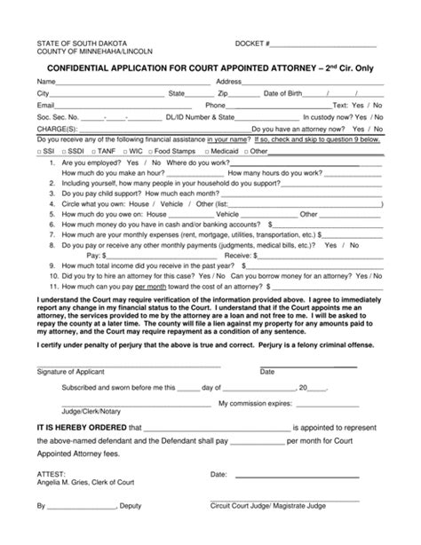 South Dakota Confidential Application For Court Appointed Attorney