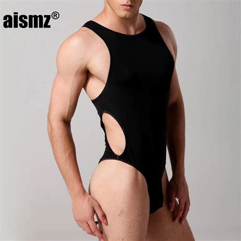 Aismz Male Corset Ice Silk Bodysuit Men Masculino Buckle One Piece