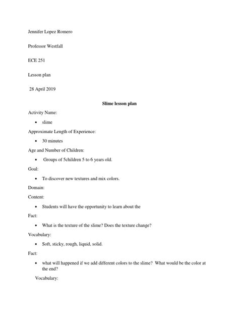 Slime Lesson Plan Pdf Lesson Plan Teaching