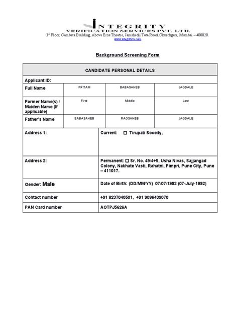 Background Verification Form Pdf