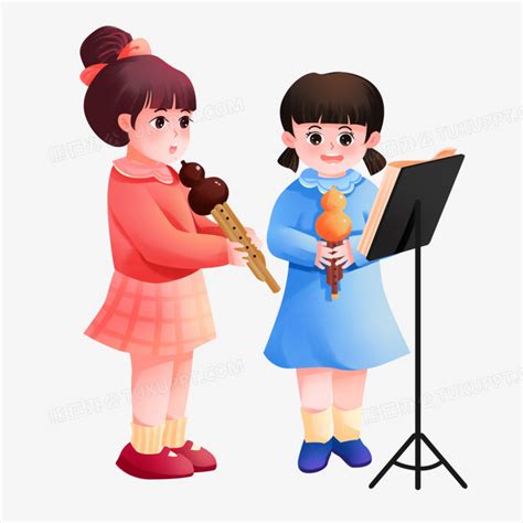 卡通手绘两个小朋友学习葫芦丝PNG图片素材下载 卡通PNG 熊猫办公