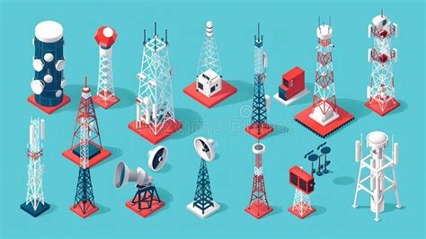 Flat Vector Set Featuring Various Telecom Towers And Radio