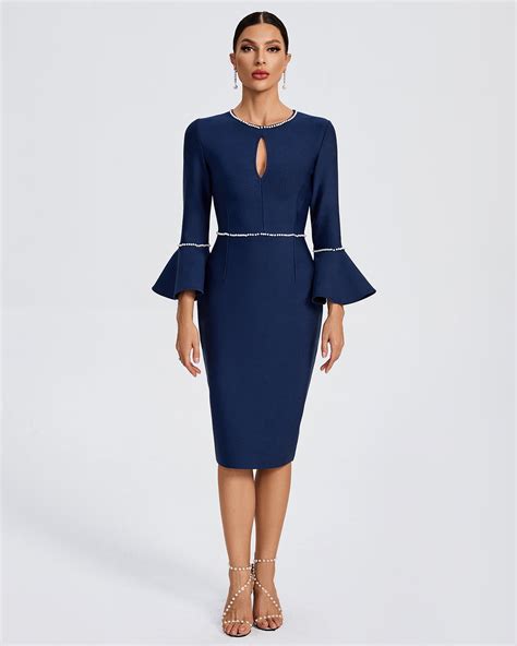 Pearl Trim Pagoda Sleeve Midi Bandage Dress Pp24097 Wolddress