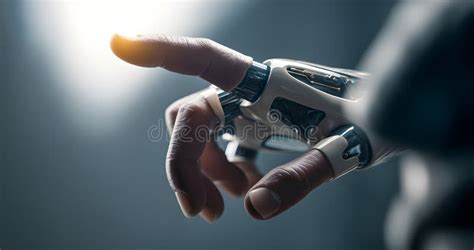 Robotic Hand Merging With Human Fingers Symbolizing Artificial Intelligence Technology And