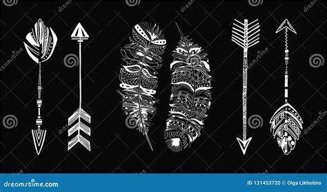 Rustic Ethnic Boho Style Feathers And Arrows Vintage Vector Set Stock Vector Illustration Of