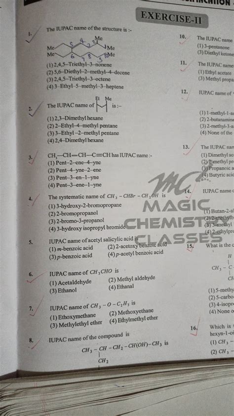 EXERCISE II 1 The IUPAC Name Of The Structure Is 10 The IUPAC Name