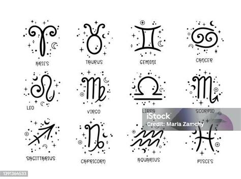 조디악 손으로 그린 표지판 고립 된 클립 아트 번들 독특한 점성술 기호 일러스트 레이션 검은 색의 난해한 신비한 별자리 천칭 자리 쌍둥이 황소 암 양자리 레오 피세스 현대