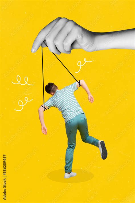 Vertical Collage Illustration Of Huge Human Arm Black White Effect Hold Strings Miniature Puppet