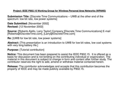 Ppt Project Ieee P80215 Working Group For Wireless Personal Area