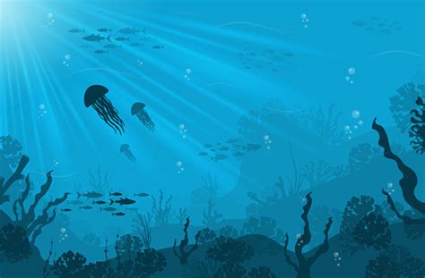 青い海の背景に魚とスキューバダイバーとサンゴ礁のシルエット 海のベクターアート素材や画像を多数ご用意 海 マンガ 深い Istock
