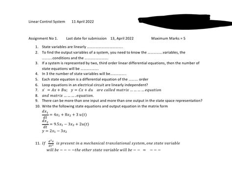 Solved Linear Control System April Assignment No Chegg